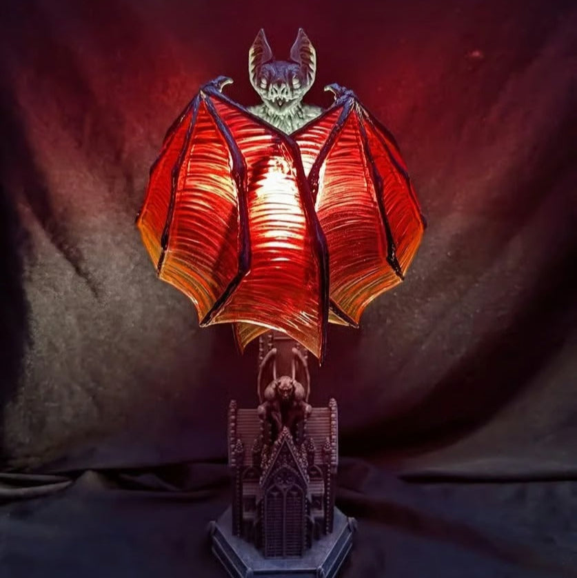 Gothic Bat Lamp with Red Wings – Handcrafted Resin Light with Cathedral ...
